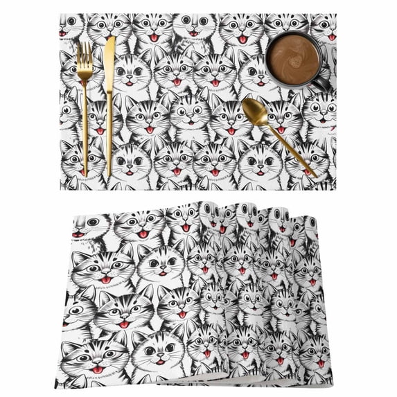 Cartoons Cat Cotton Linen Placemats Set of 4, Abstract Cute Cat Lines ...