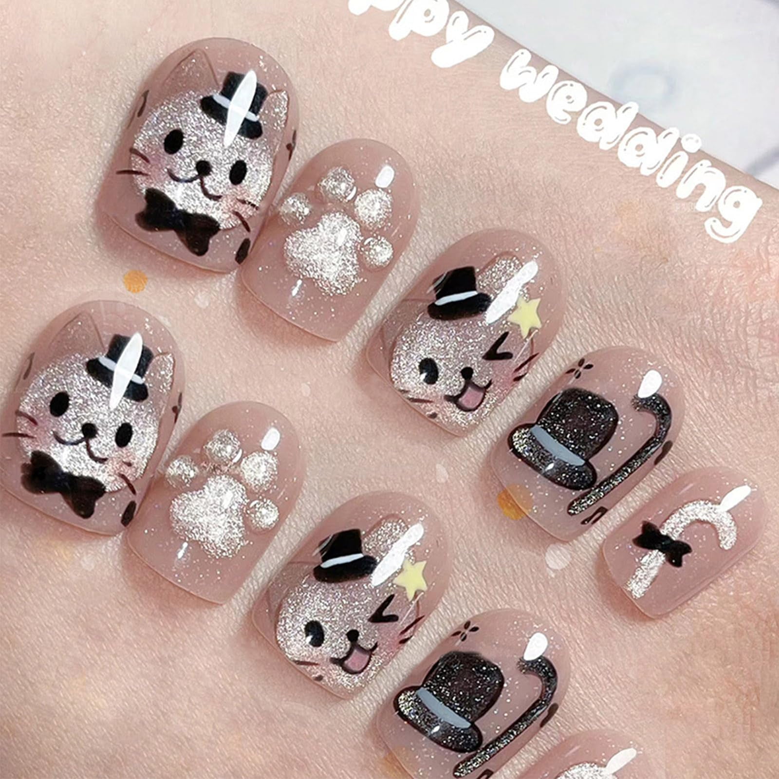 Cartoons Cat Press on Nails for DIY Manicure Glossy White Cat Eye ...