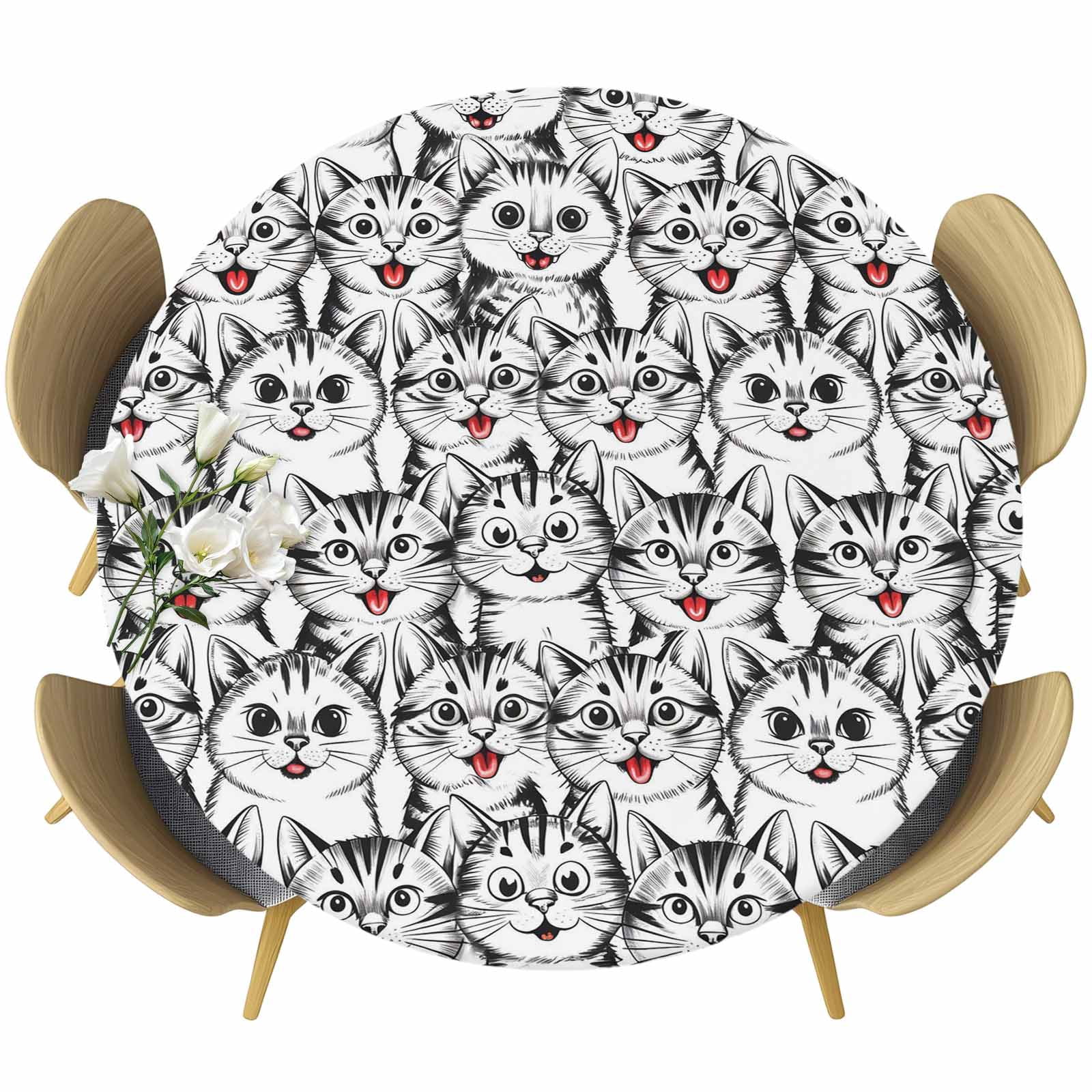 Cartoons Cat Round Fitted Tablecloth with Elastic Edge, Abstract Cute ...