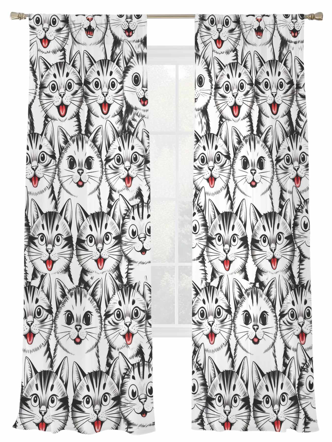 Cartoons Cat Sheer Curtains for Living Room Bedroom, Light-filtering ...