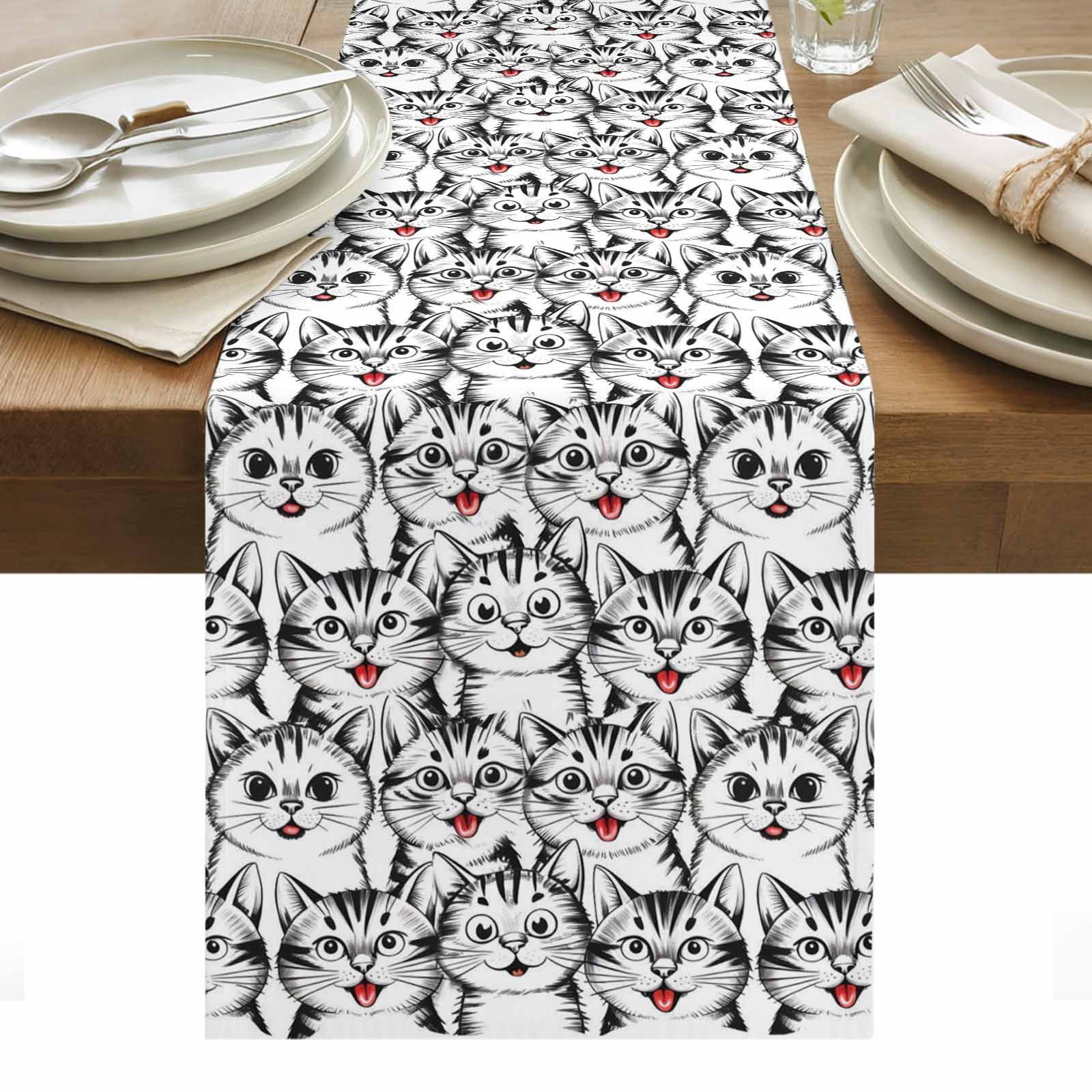 Cartoons Cat Table Runner 13 x 108 Inch, Abstract Cute Cat Lines Animal ...