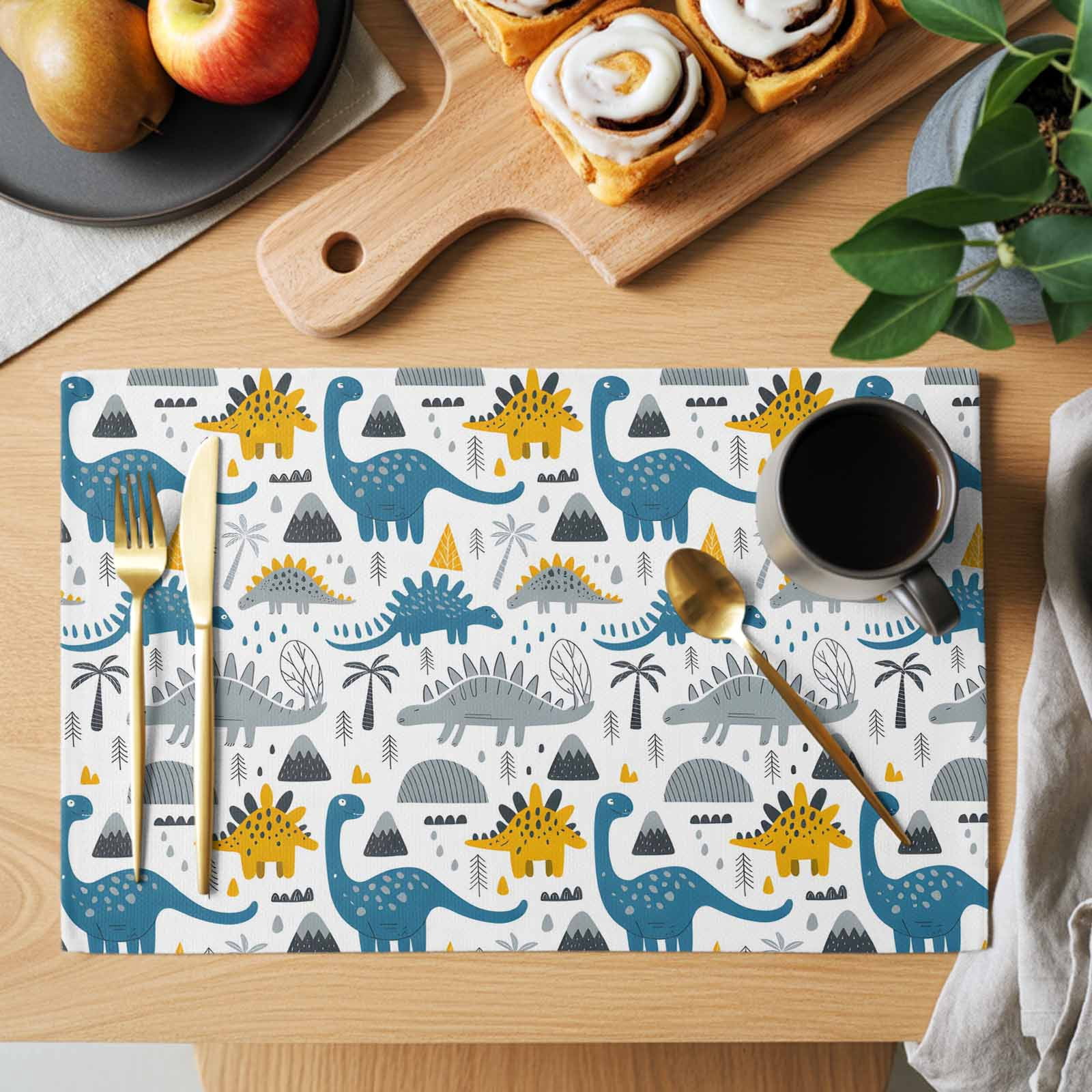 Cartoons Cute Dinosaurs Placemats Set of 4, Gray Blue Dinosaurs Animals ...