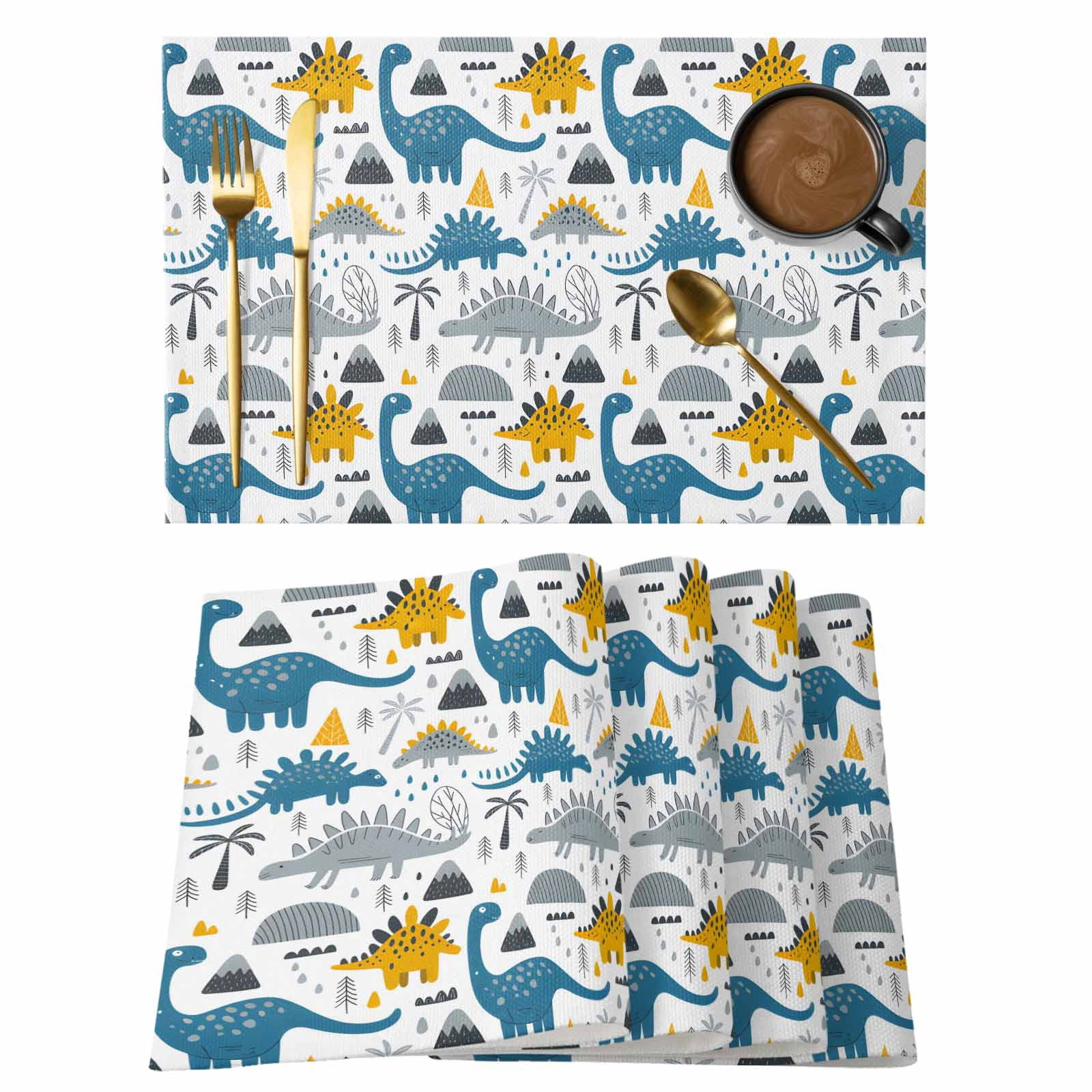 Cartoons Dinosaurs Placemats Set of 6, Cute Animals Palm Trees ...