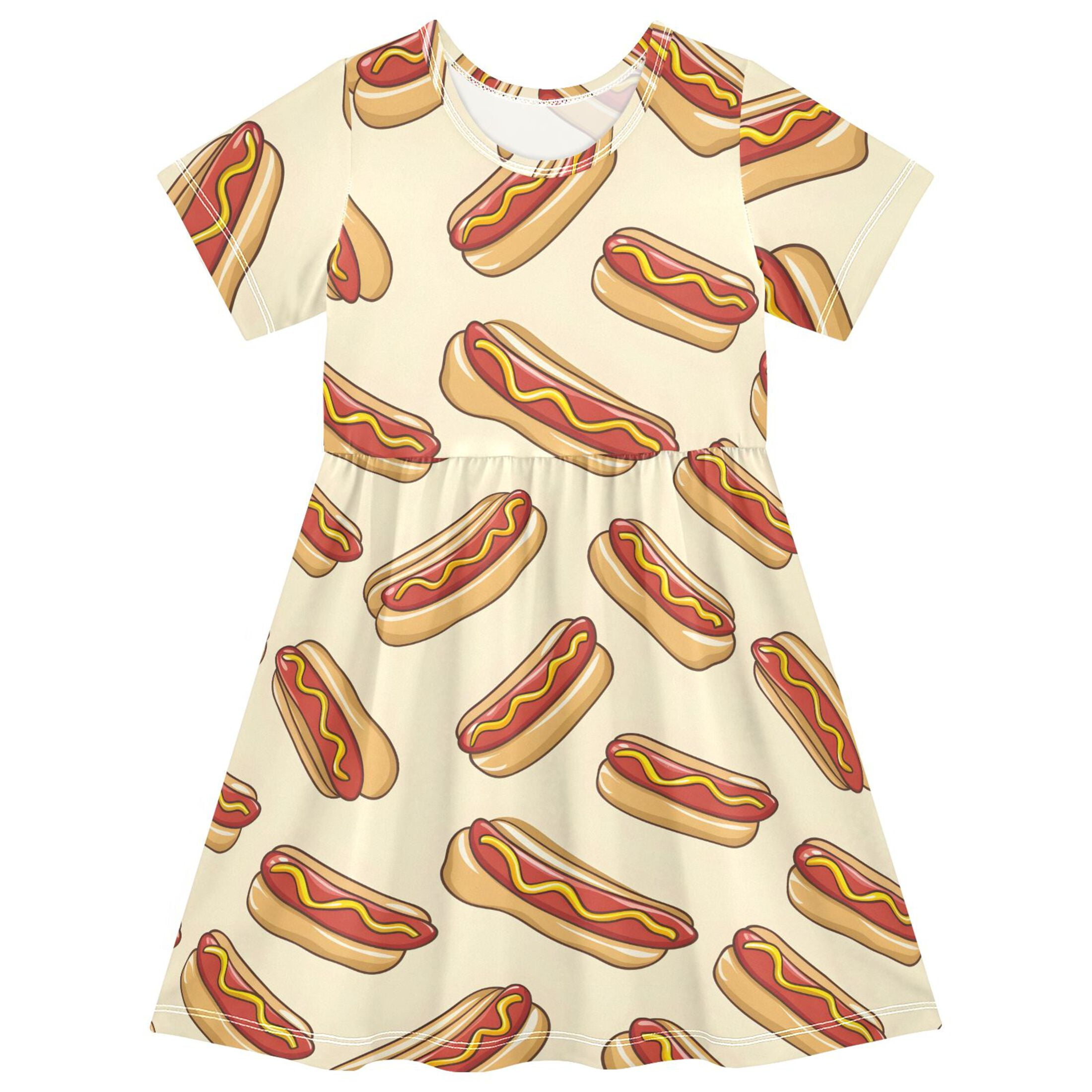 Cartoony Hotdog Short Sleeve Dress A-Line Cute Midi Casual Sundress 2-8 ...