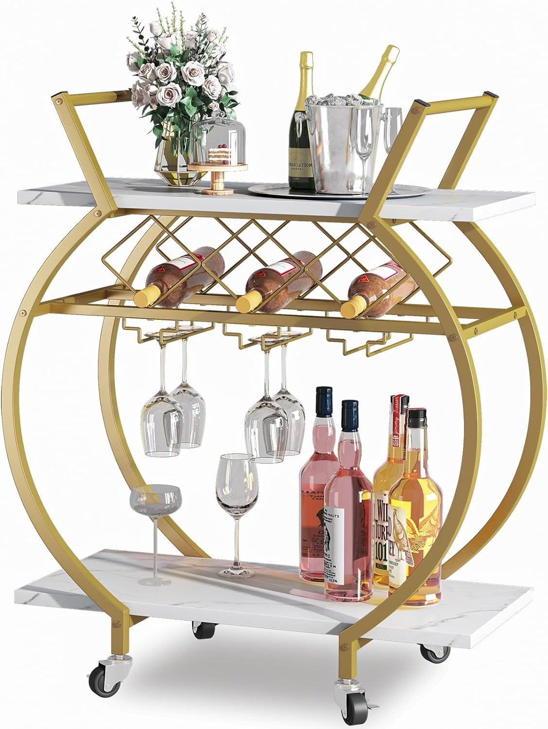 Carts 2 Tiers Rolling Home Serving Cart with Wine Rack and Wheels ...