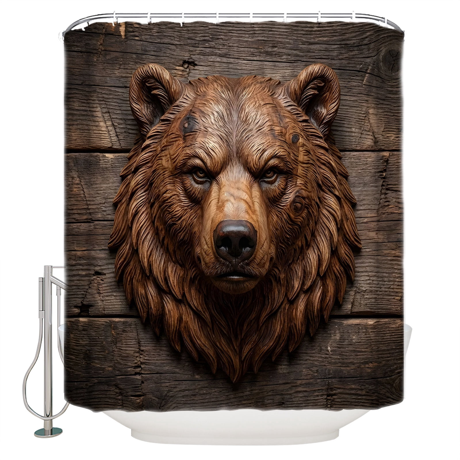 Carved Bear Head Bathroom Shower Curtains with 12 Hooks Polyester ...