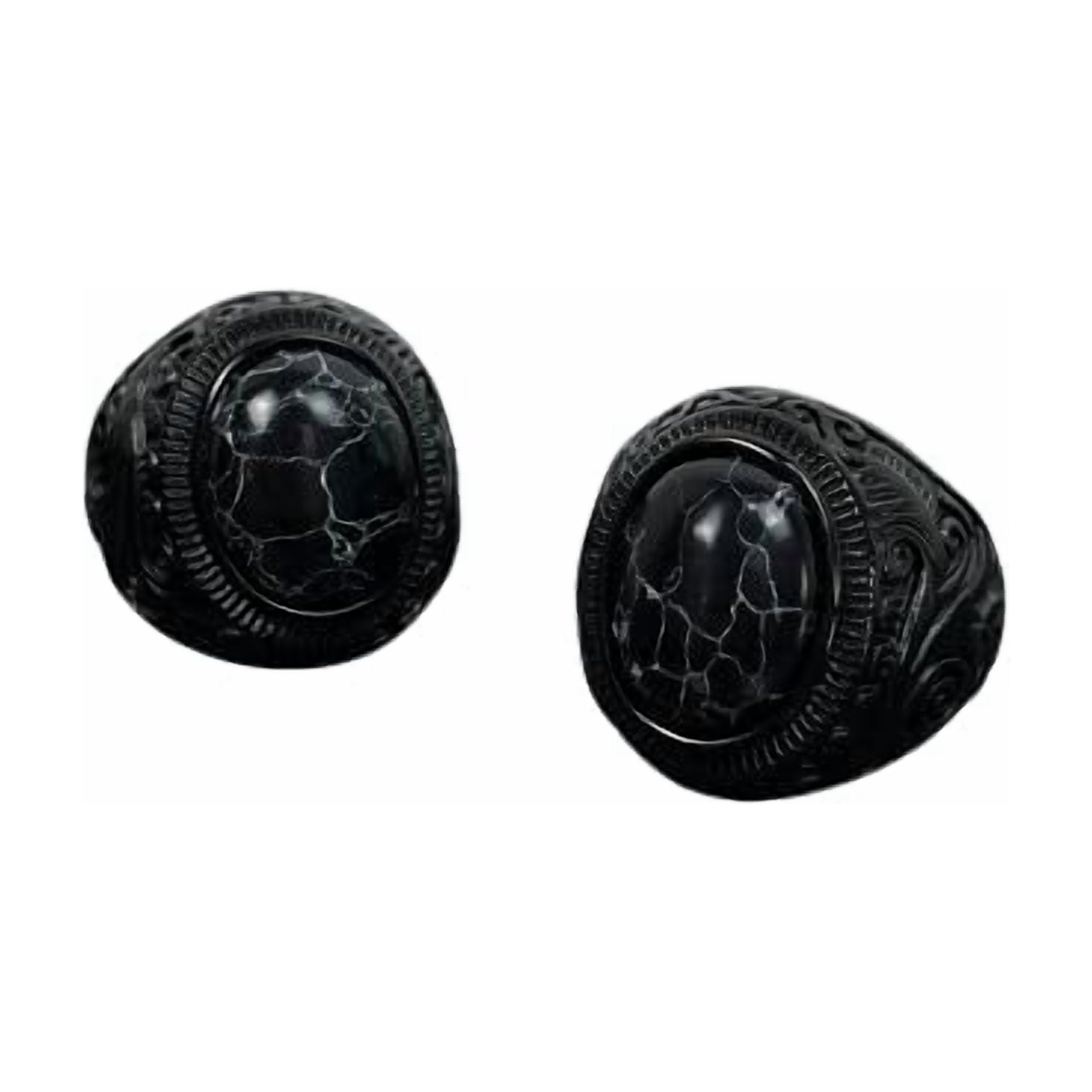 Carved Black Gem Agate Titanium Steel Ring - Men's Edgy Punk Retro ...