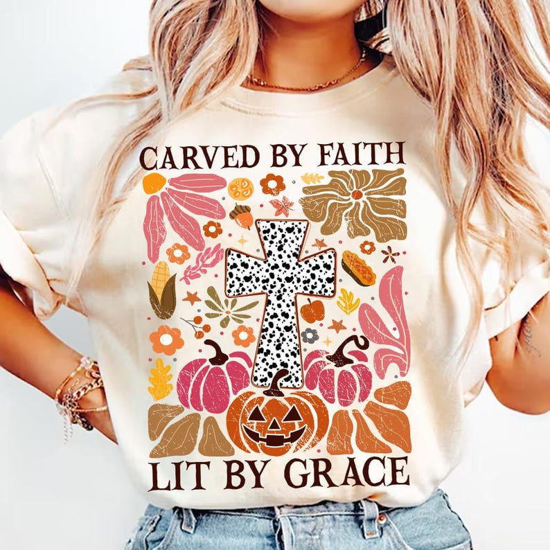Carved By Faith Lit By Grace T-Shirt, Boho Christian Fall Shirt, Trendy ...
