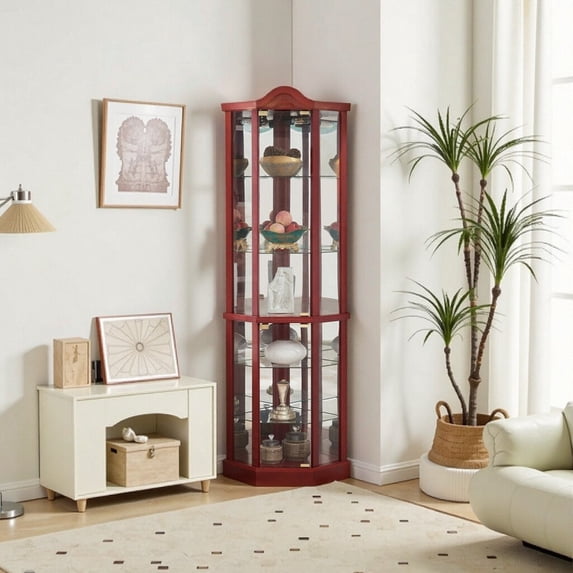 Carved Corner Display Cabinet with Adjustable Glass Shelves, Push-Open ...