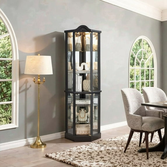 Carved Corner Display Cabinet with Adjustable Glass Shelves, Push-Open ...