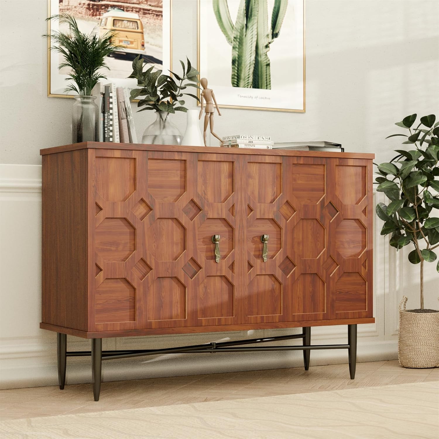 Carved Decorative Storage Cabinet, Fluted Wooden Buffet Cabinet ...