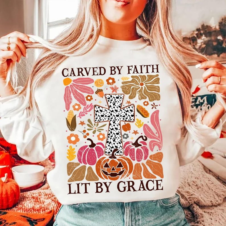Carved by Faith Lit by Grace Sweatshirt, Boho Christian Fall Shirt with ...