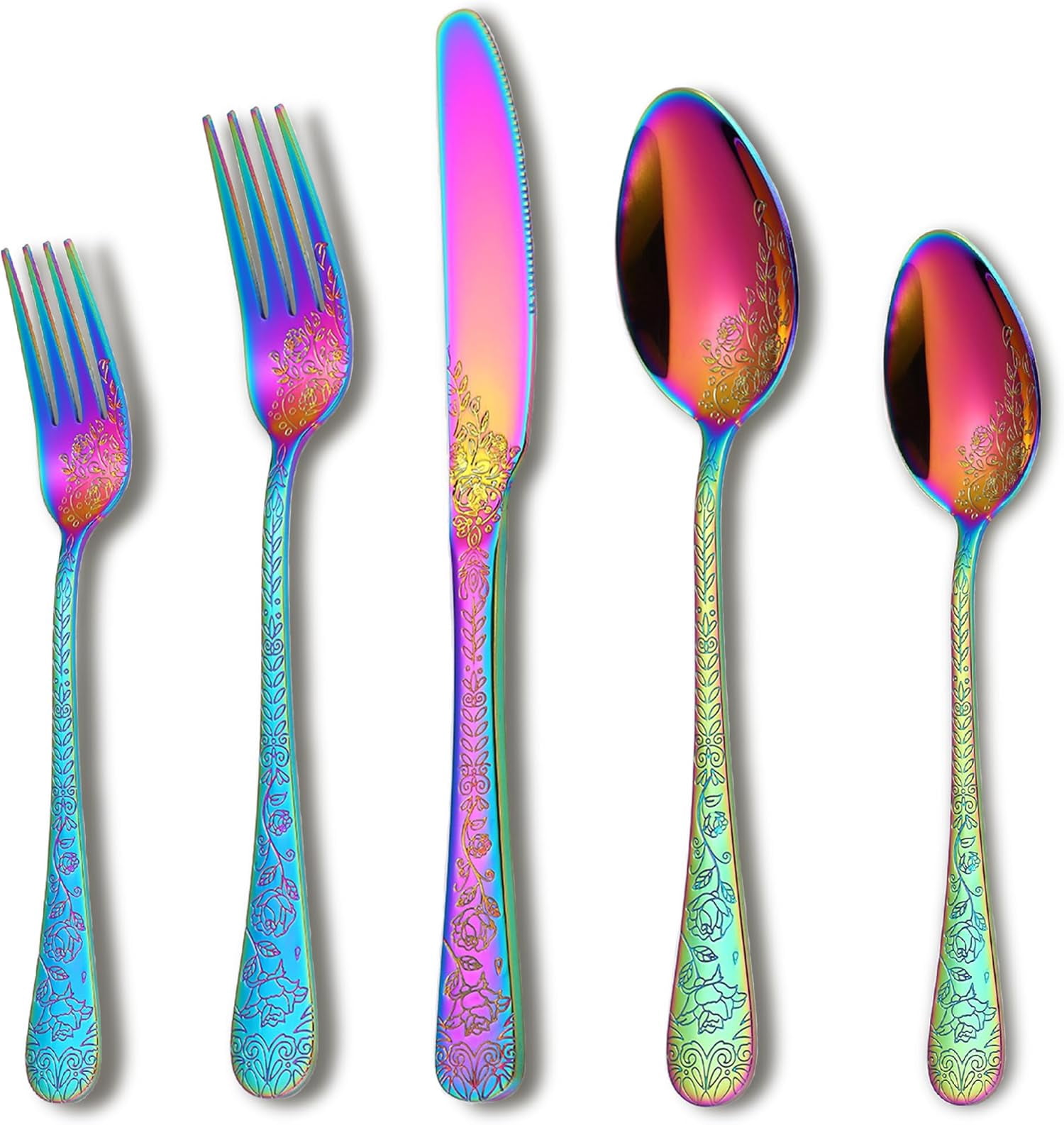 Carved Floral Rainbow Silverware Set for 4, Stainless Steel 20 ...