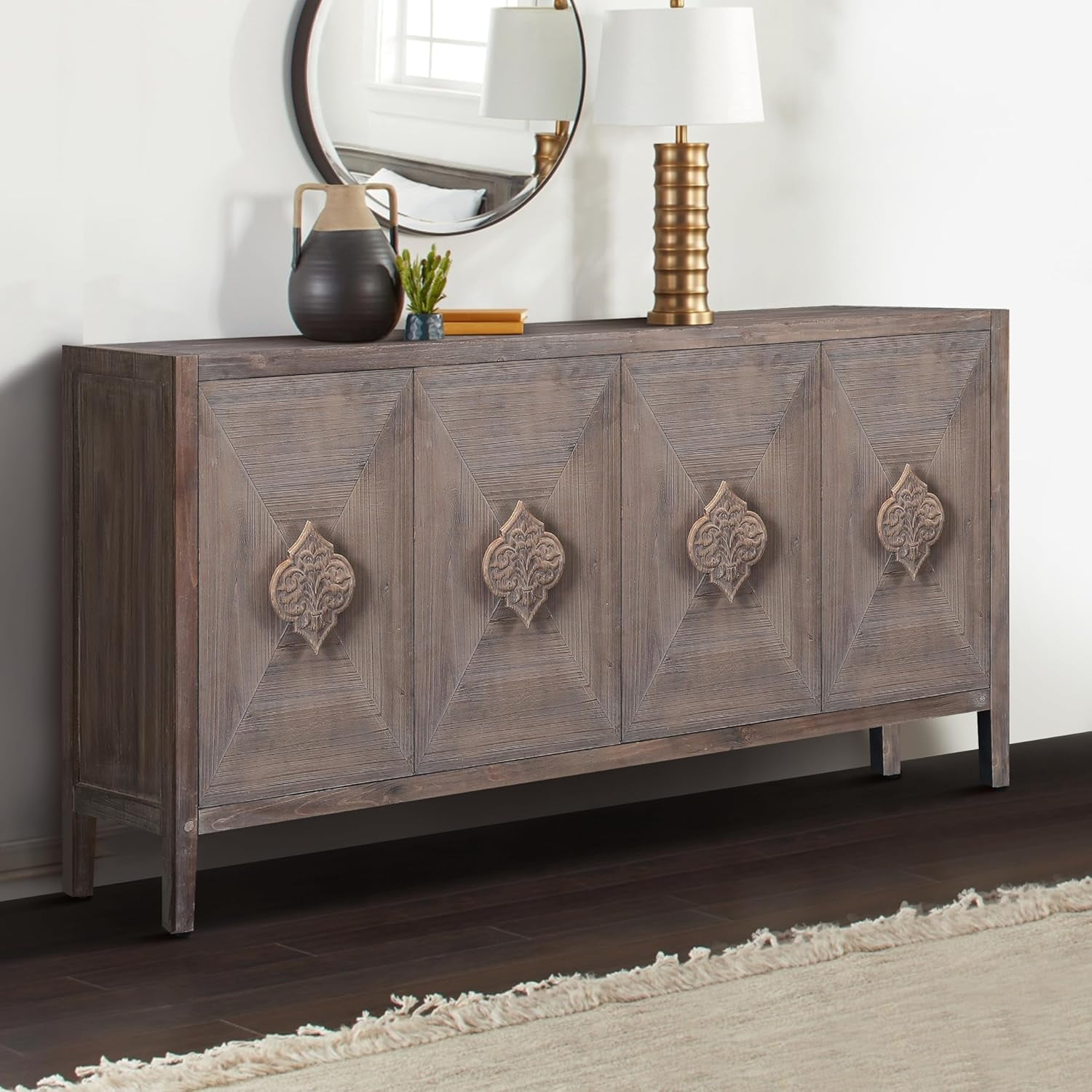 Carved Flower Door Handle, Antique Four Door Cabinet for Living Room ...