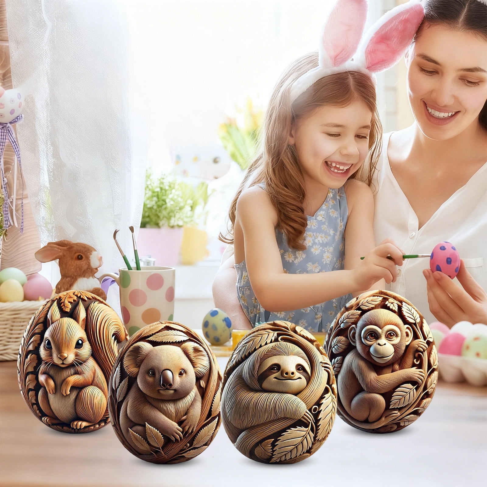 Carved Resin Easter Eggs With Animal Carvings, Handcrafted Decorative ...