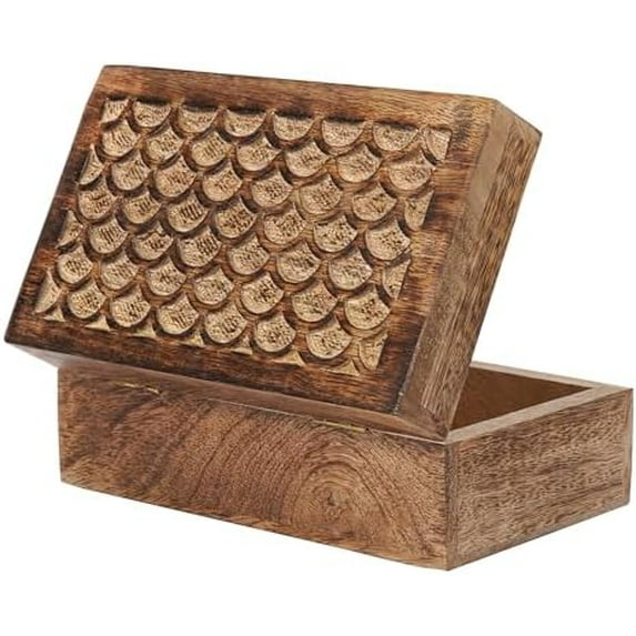 Carved Scallop Mango Wood Box with Lid - Medium Burnt Extra Large Box ...