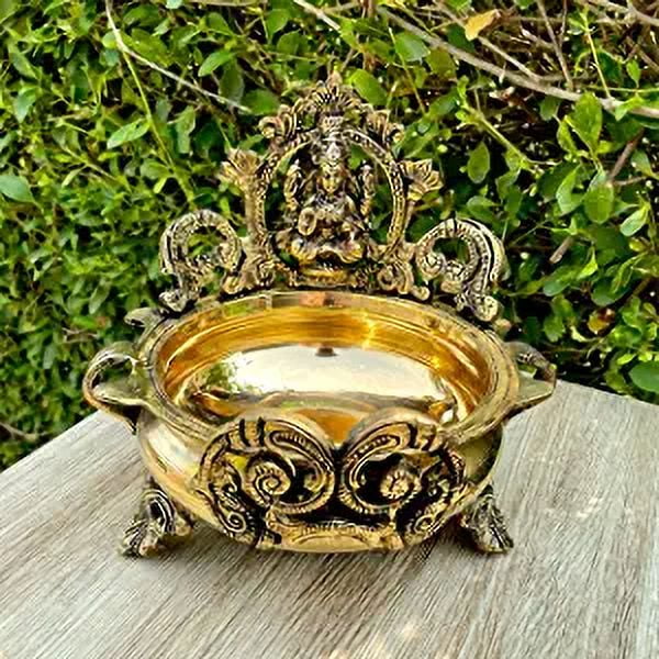 Carved Urli with Lakshmi Ji Statue, 7 Inches Brass Decor Bowl, Urli ...