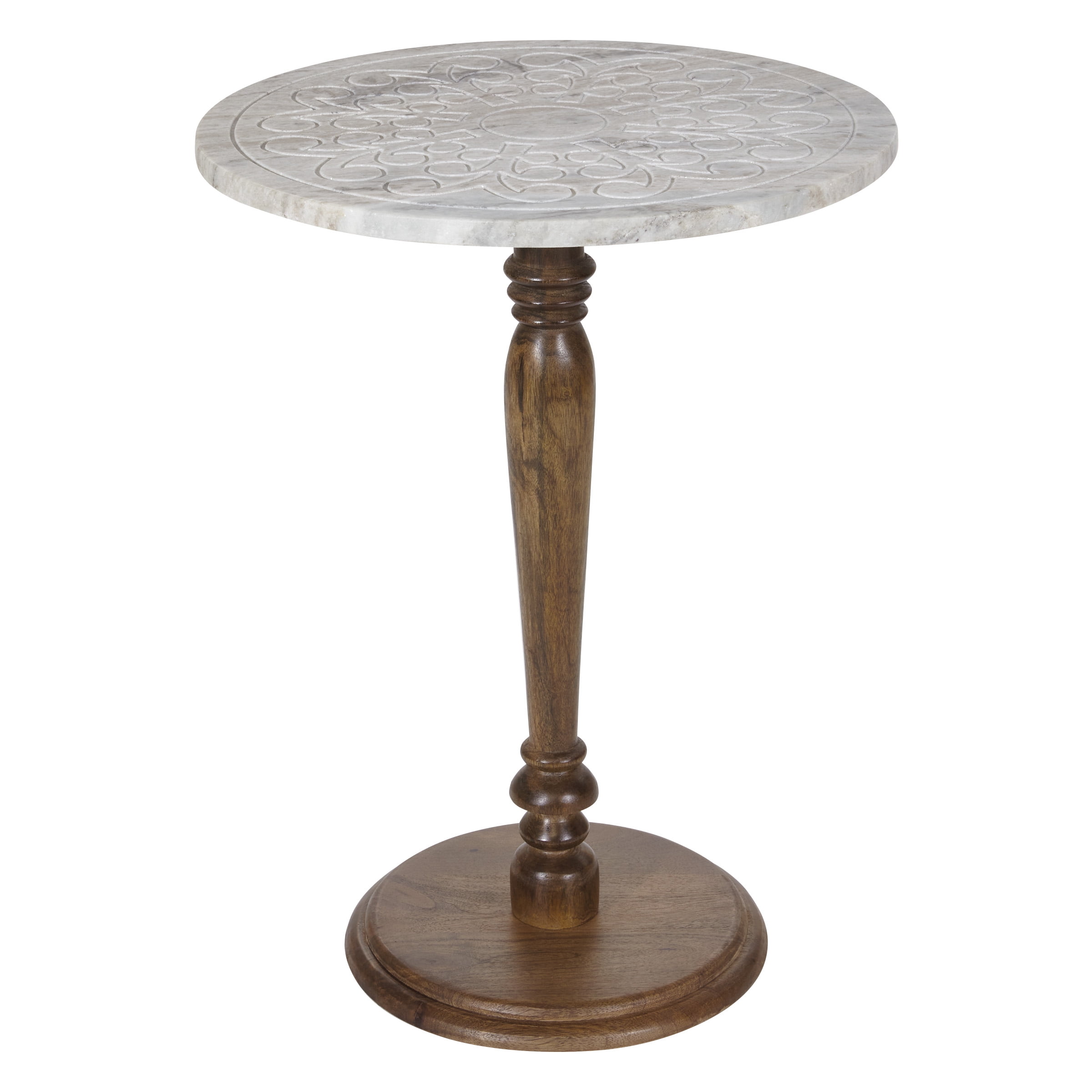 Carved White Marble Top Side Table with Solid Mango wood Base - Walmart.com