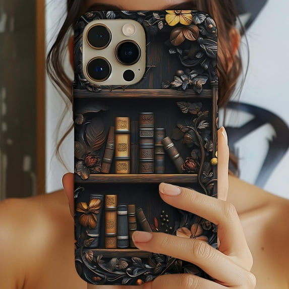 Carved Wood Bookshelf Book Lover Phone Case for 17 16 15 14 13 12 11 ...