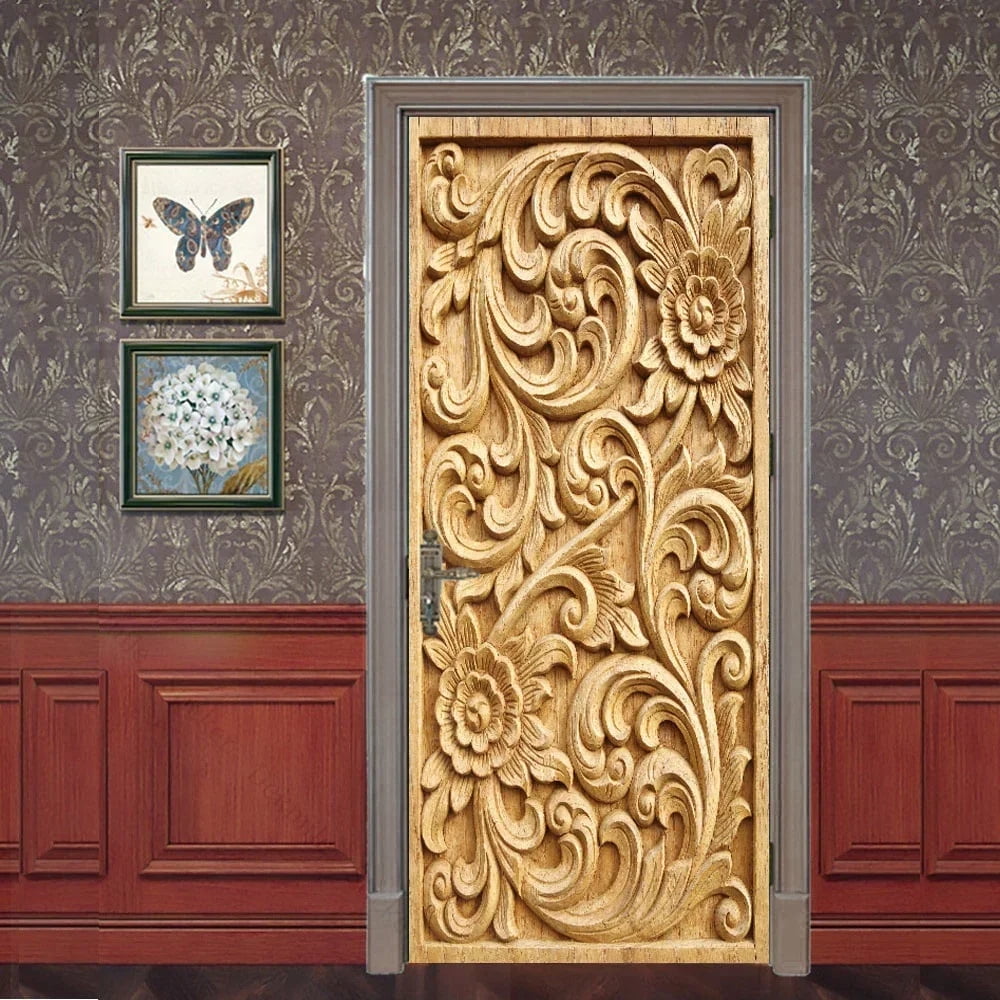 Carved Wood Panel Door Stickers Retro rative Sticker Self-adhesive ...