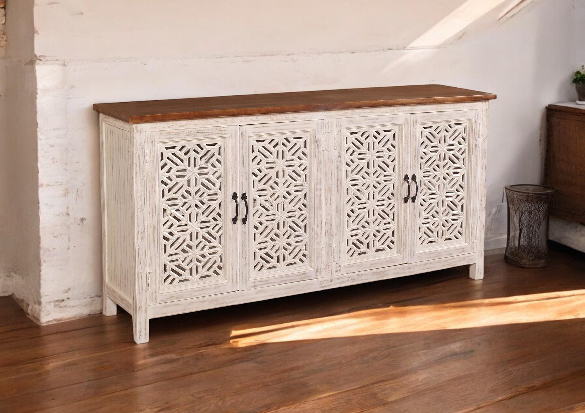 Carved Wooden Big Sideboard Distressed White Finish Ample Storage, 4 ...
