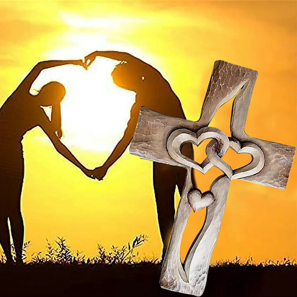 Carved Wooden Cross with Hollow Intertwined Hearts Hanging Love Couple ...
