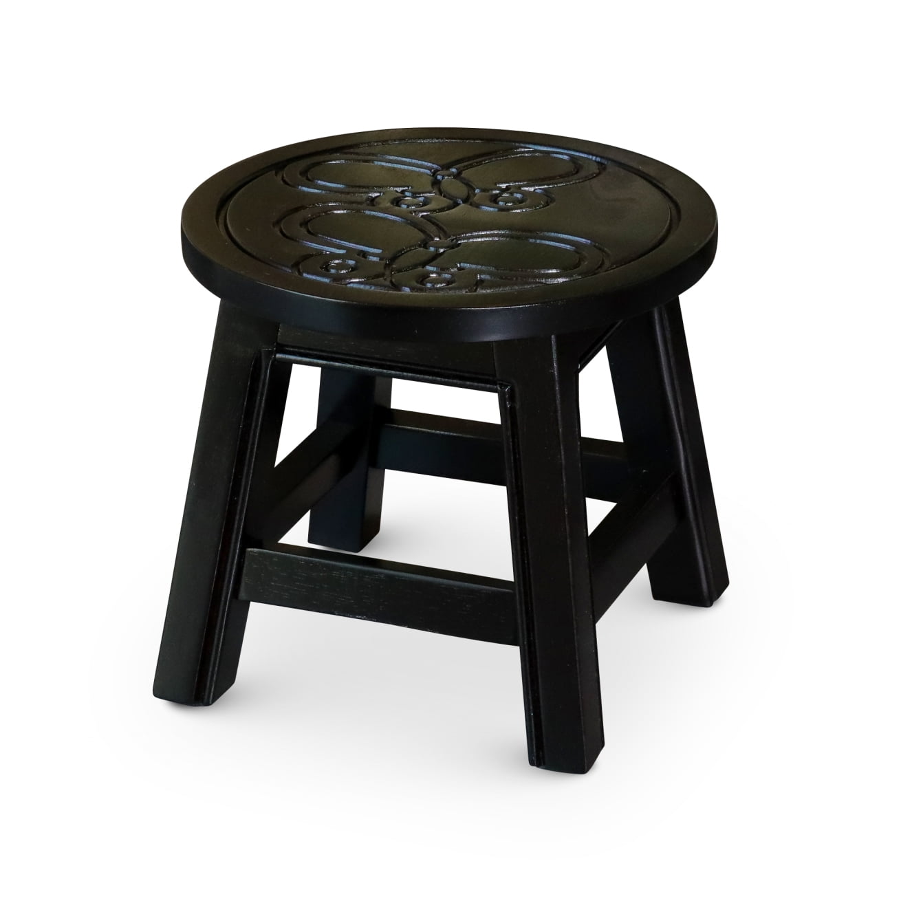 Round Footstool with Butterflies Pattern, Carved Wooden Step Stool with ...