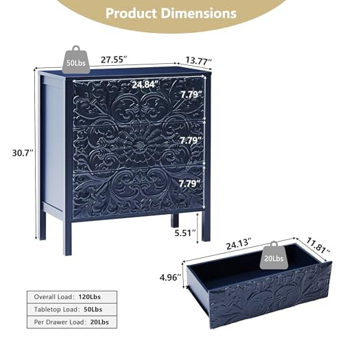 Carving 3 Drawer Dressers for Bedroom, Wide Chest of Drawers with ...