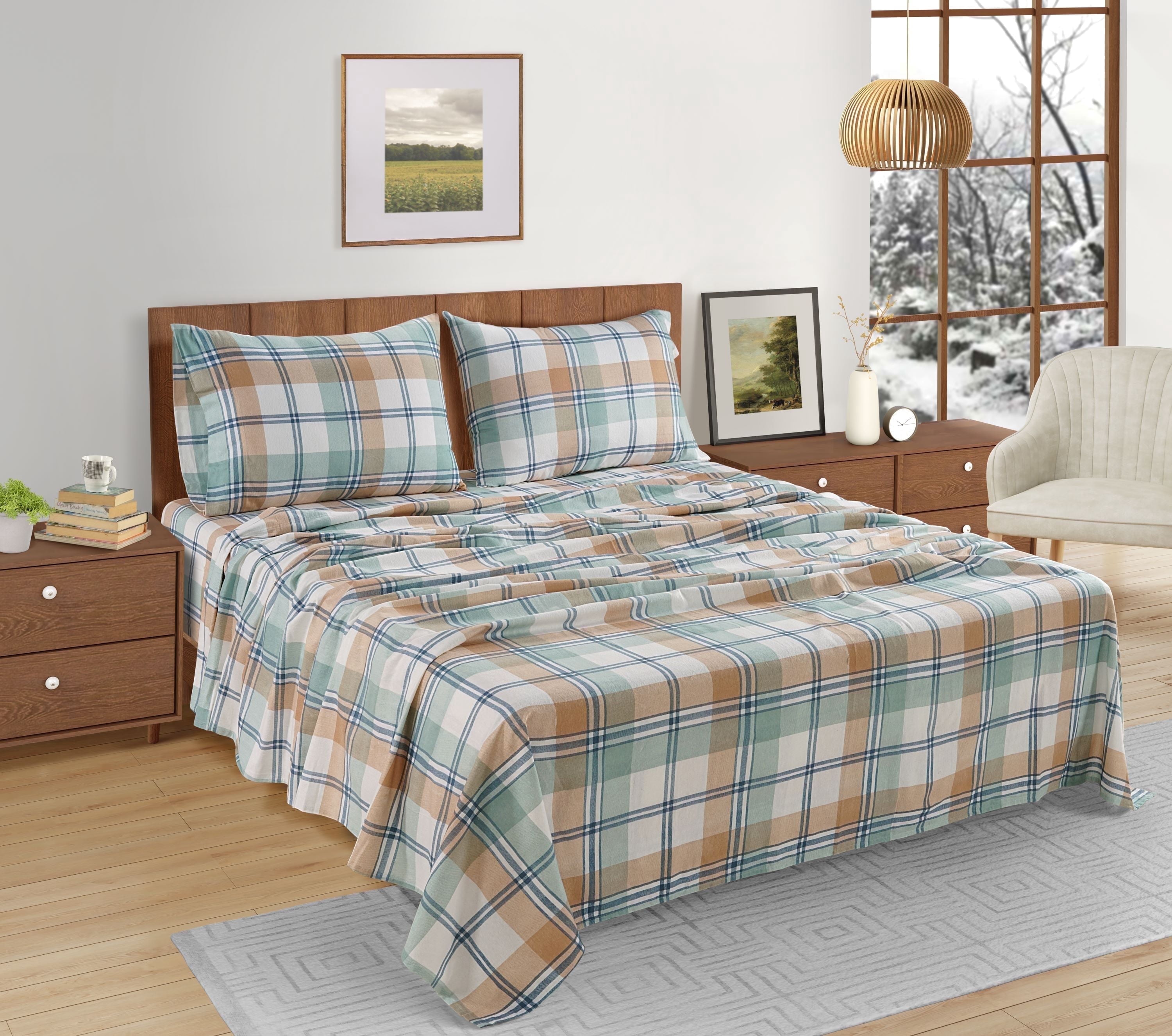 Casa Platino 4-piece White Plaid 100% Cotton Flannel Bed Sheet Set ...