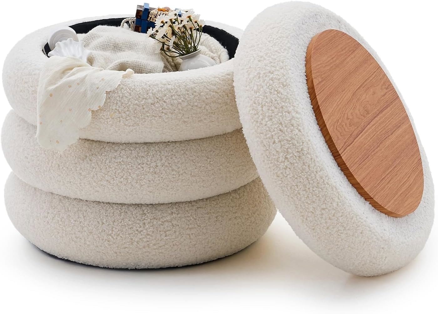 Casa Pura Furniture Round Storage Ottoman, Modern Sherpa Footstool ...