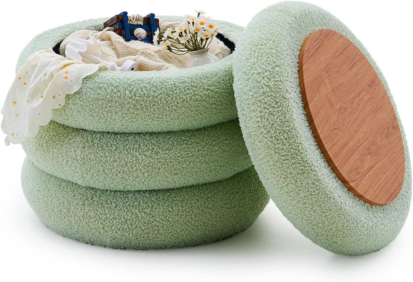 Casa Pura Furniture Round Storage Ottoman, Modern Sherpa Footstool ...