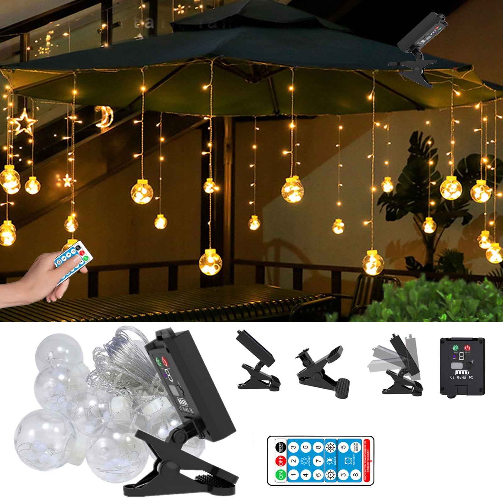 CasaChic Solar Clip Parasol Decorative Lights, 8 Modes IP68 Waterproof ...