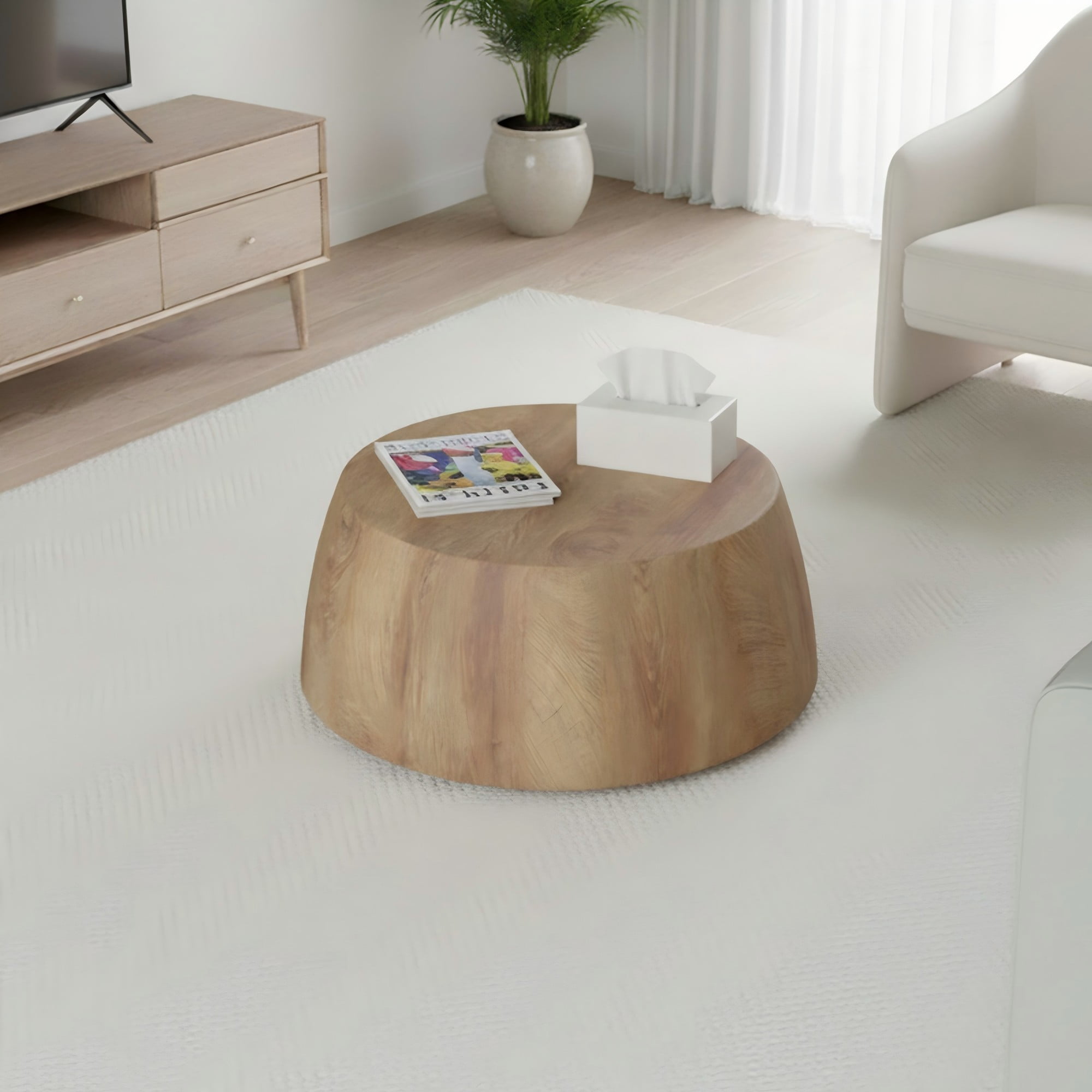 CasaGlajore 30" Round Drum Coffee Table In Natural Finish, Made Of High ...
