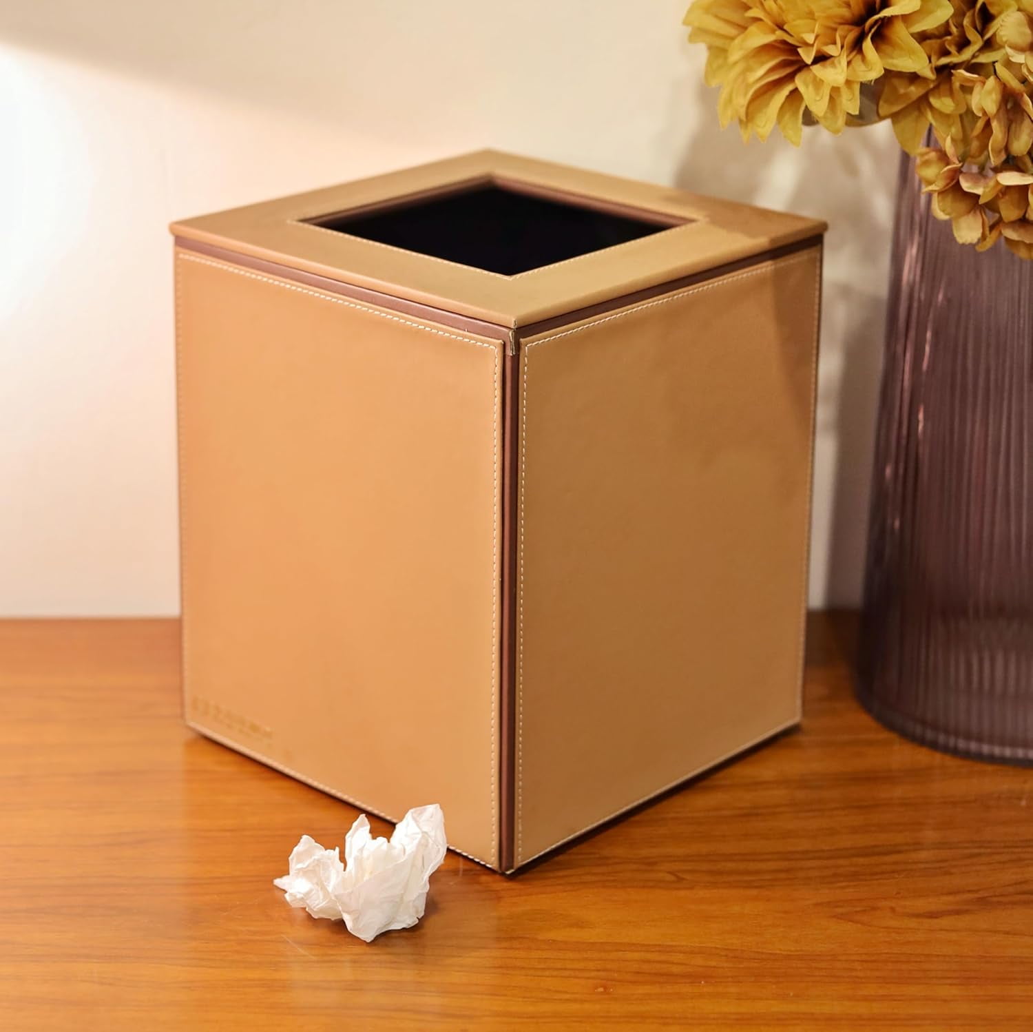 CasaGold Small PU Leather Classic Square Tan Dustbin with Lid I ...