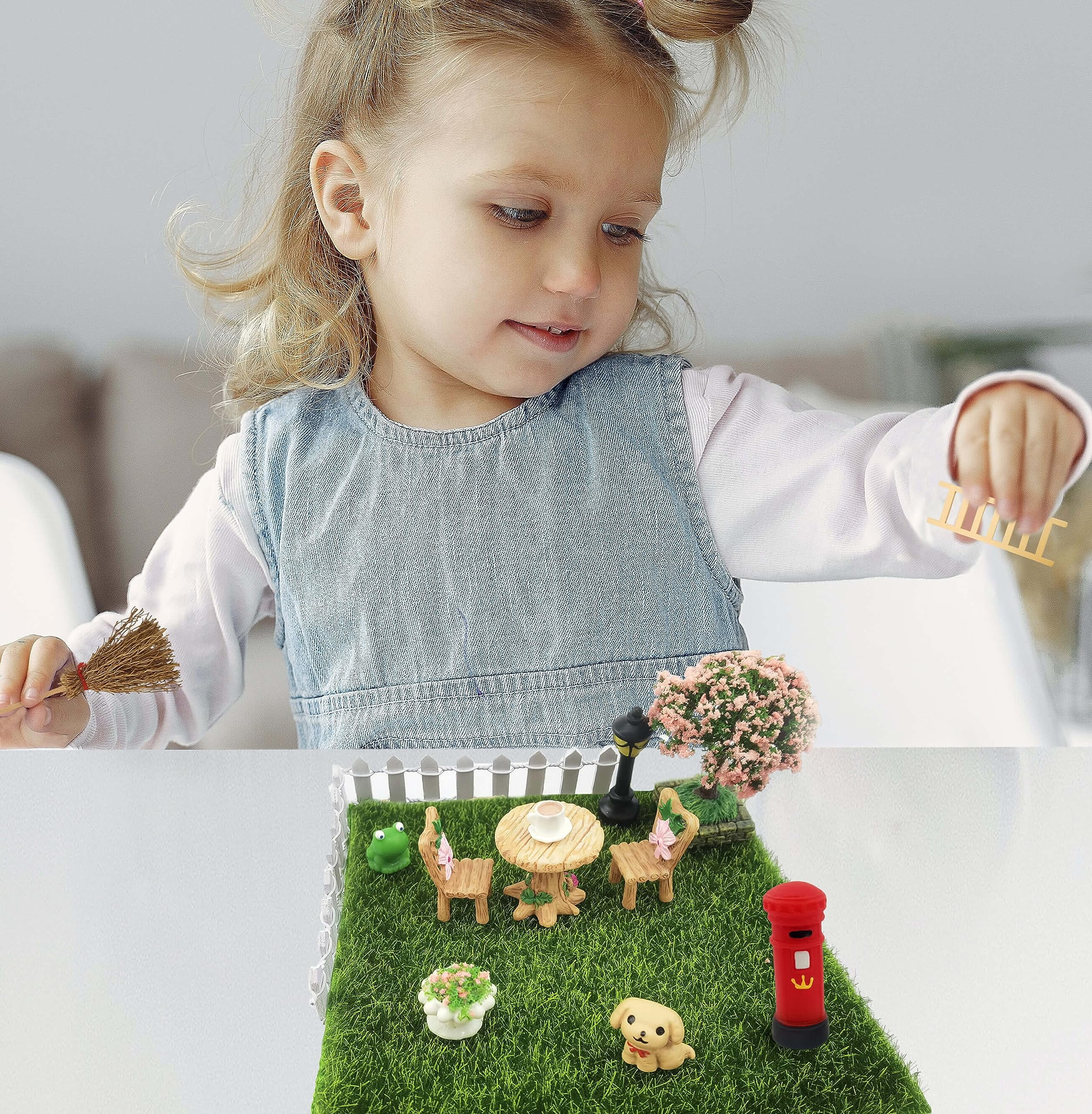 CasaTena Set of 17 Fairy Garden Kit with Mini Artificial Lawn, Table ...