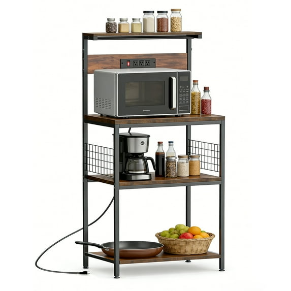 Casabay 24 Inch Metal & Wood Bakers Rack with Power Outlet & Storage, 4 ...