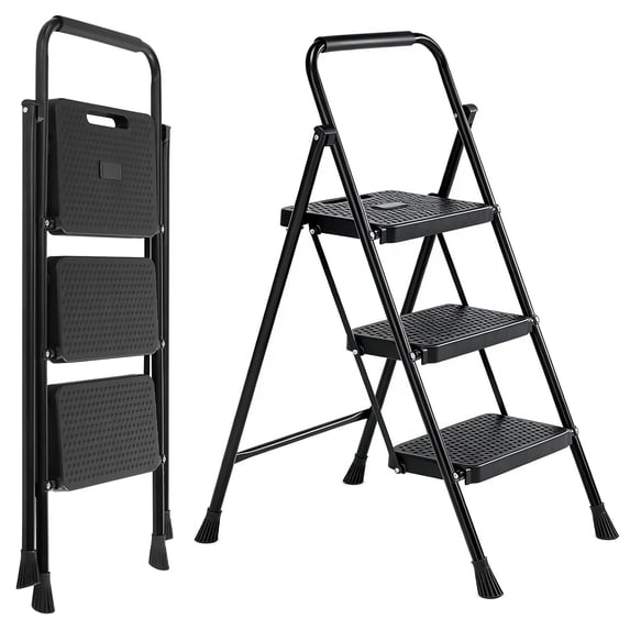 Casabay 3-Step Ladder with Anti-Slip Pedal, Foldable Step Stool with ...