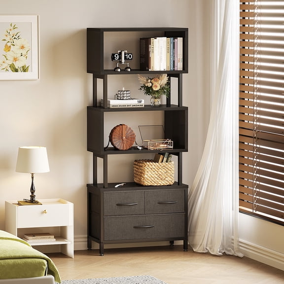 Bookshelf 6 Tier with 4 Hooks Industrial Wood Bookcase Vintage Storage ...