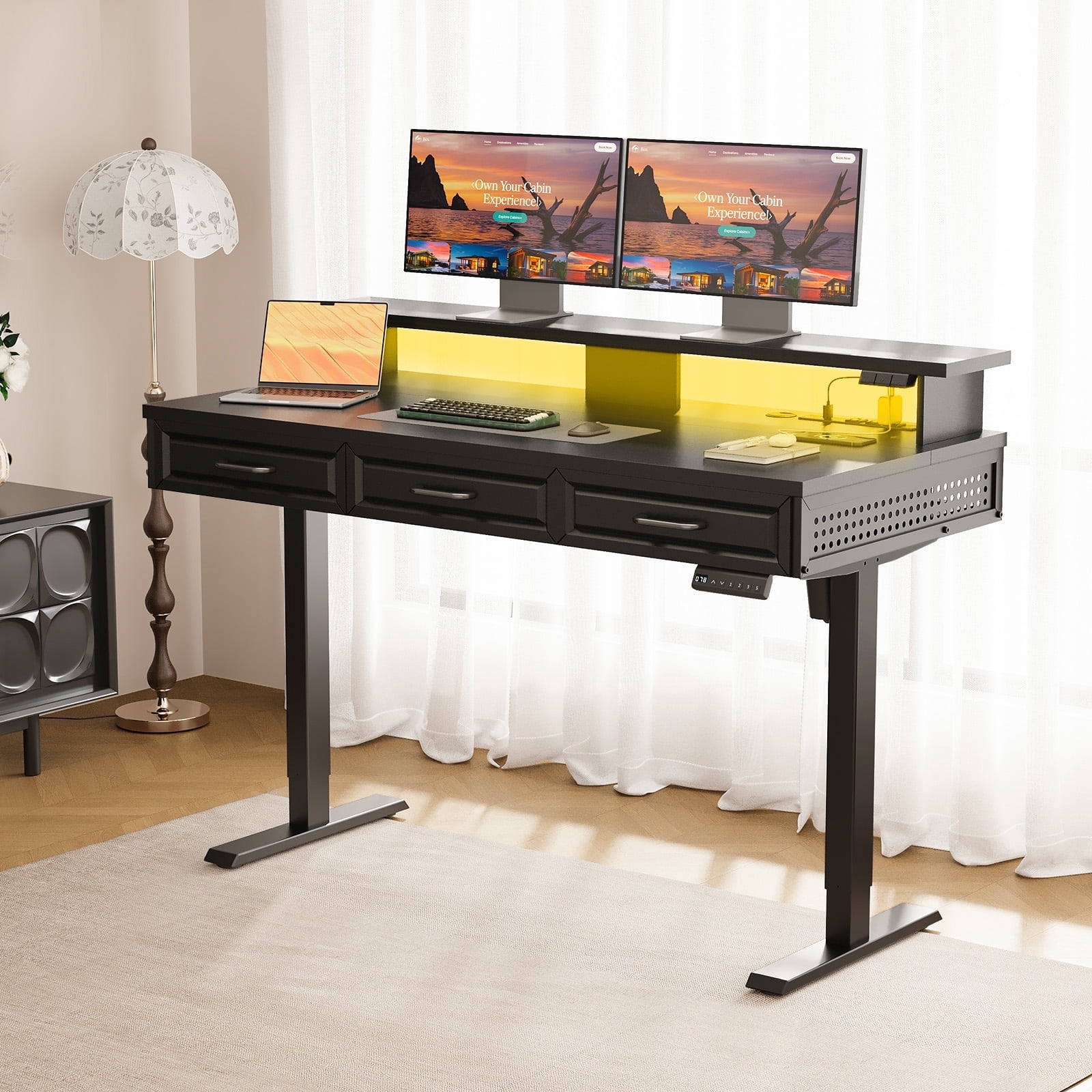 Casacomoda 48" Electric Standing Desk with 3 Wooden Drawers, Height ...