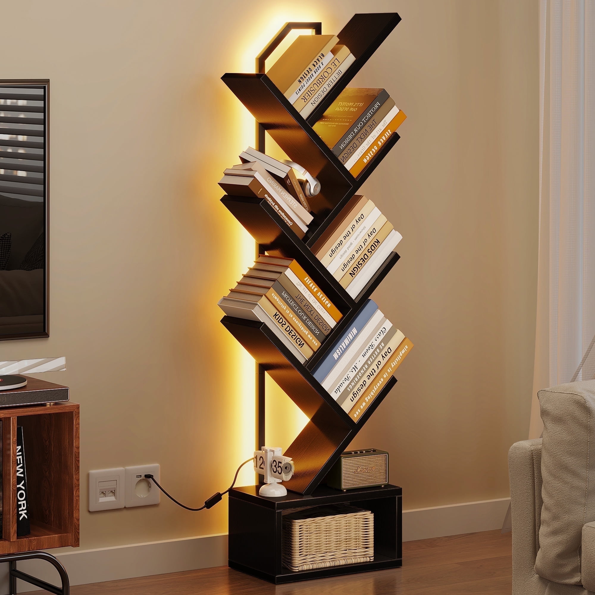 Casacomoda 6 Tier Tree Bookshelf, Bookcase with LED Lights, Display ...