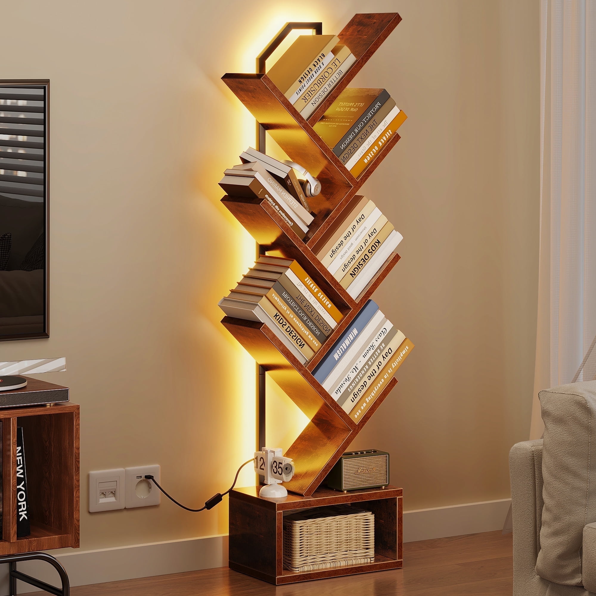 Casacomoda 6 Tier Tree Bookshelf, Bookcase with LED Lights, Display ...