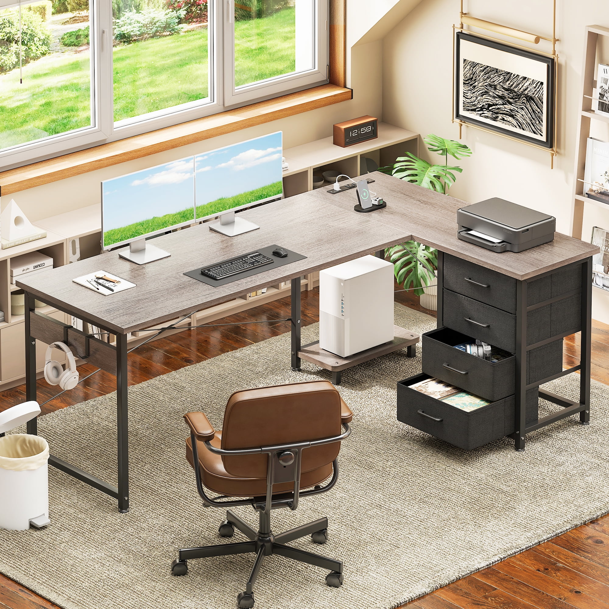 Casacomoda L Shaped Computer Desk with Charging Station, 61 inch PC ...