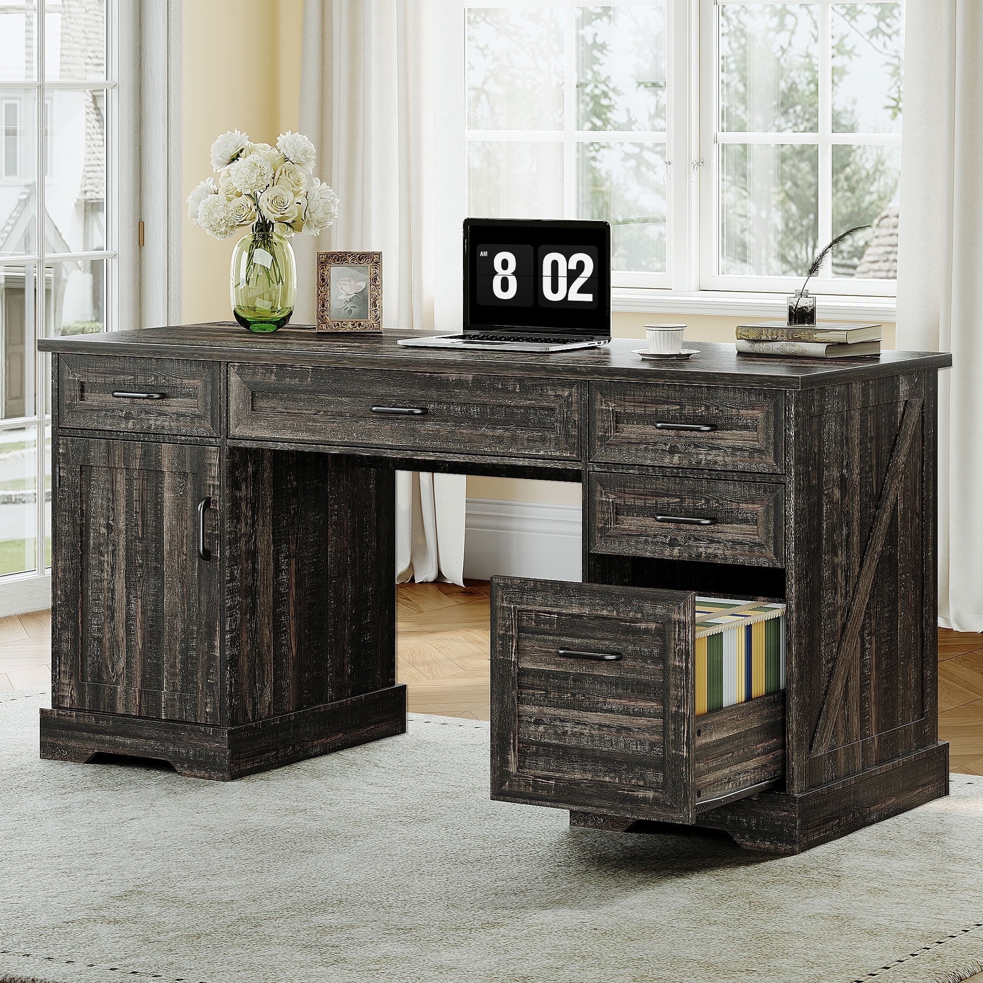 Casacomoda Home Office Desk with File Cabinet and Drawers, 59 ...