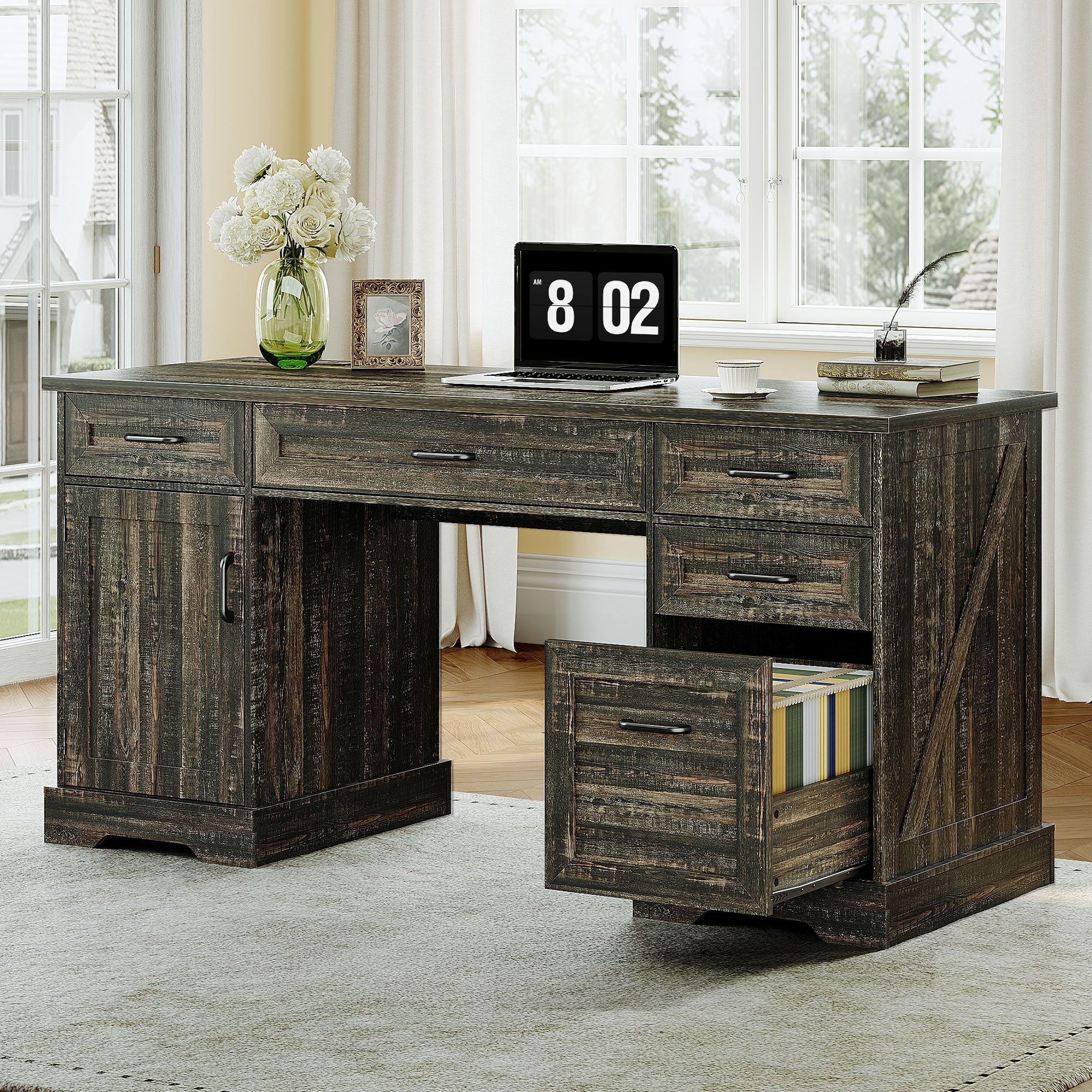 Casacomoda Home Office Desk with File Cabinet and Drawers, 59 ...