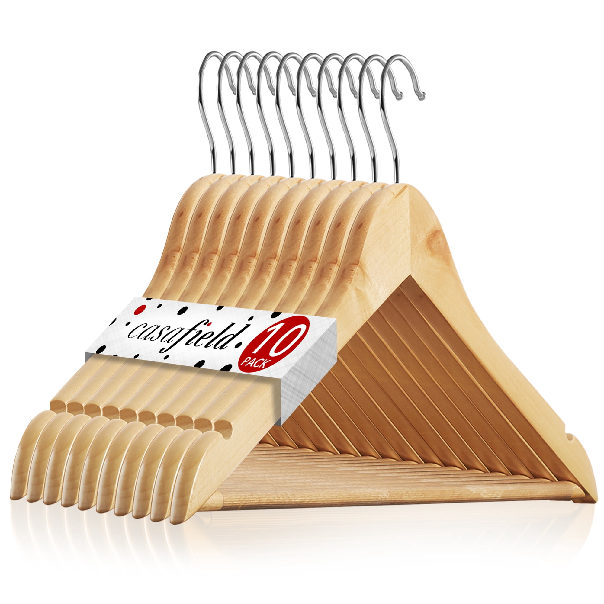 Casafield 10 Heavy Duty Wooden Suit Hangers - Non-Slip Pant Bar, Swivel ...