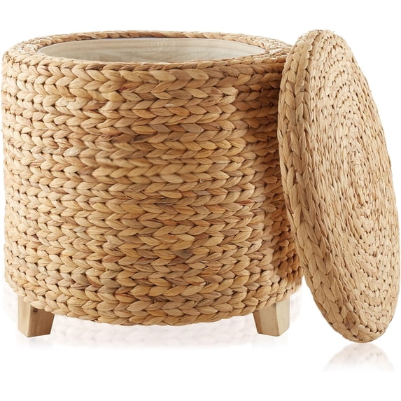 Casafield 17" Round Storage Ottoman with Lid - Natural, Handwoven Water ...