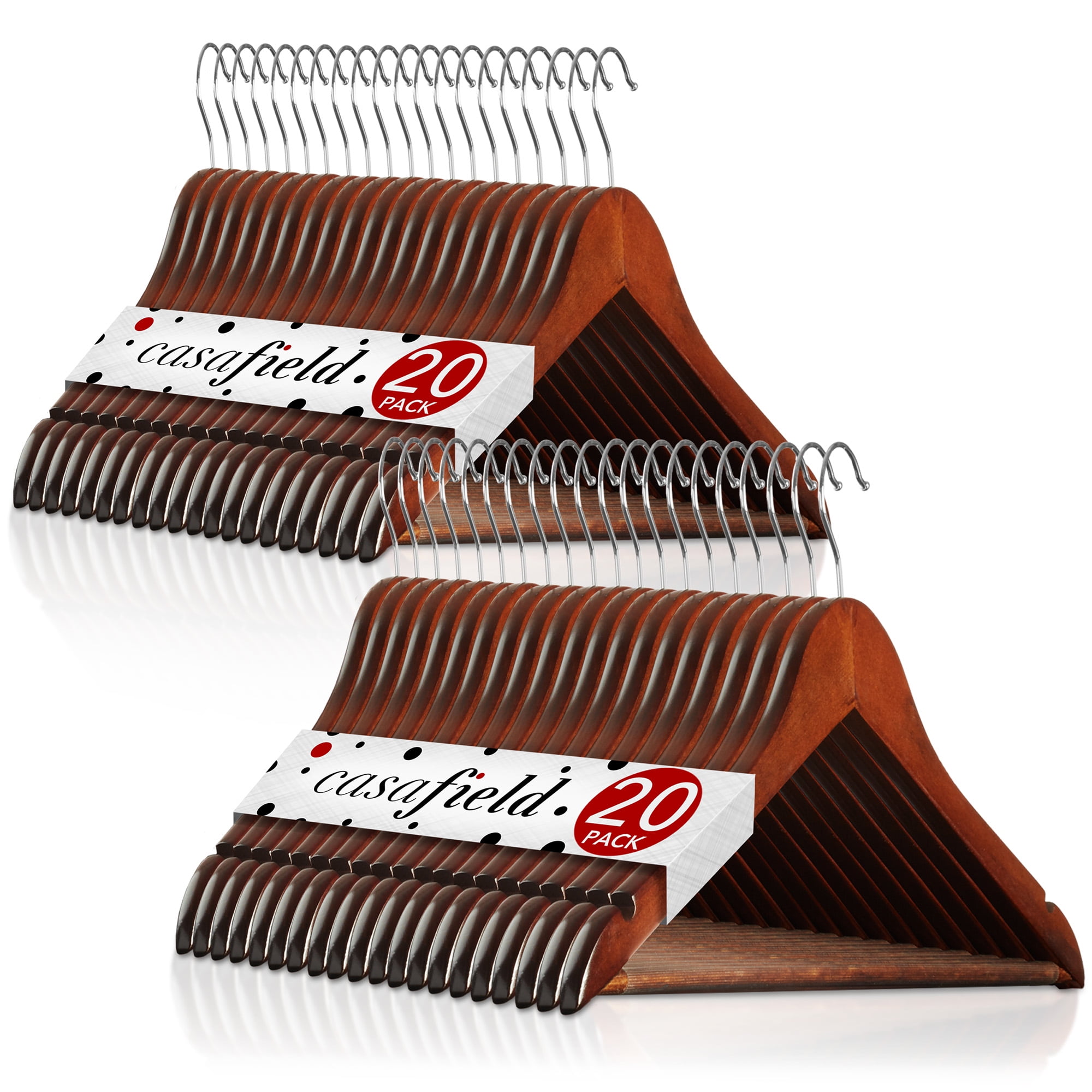Casafield 40 Heavy Duty Wooden Suit Hangers, Walnut - Non-Slip Pant Bar ...