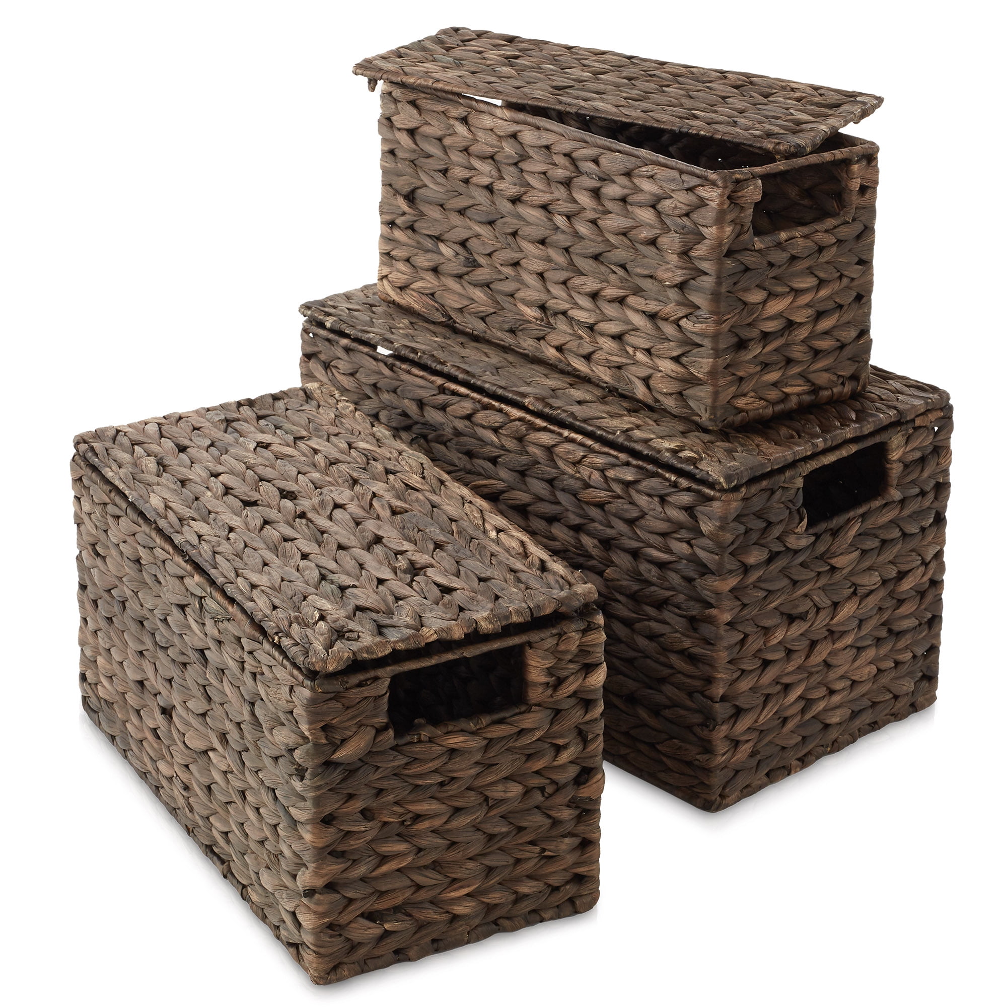 Casafield Set of 3 Water Hyacinth Storage Baskets with Lids, Espresso ...