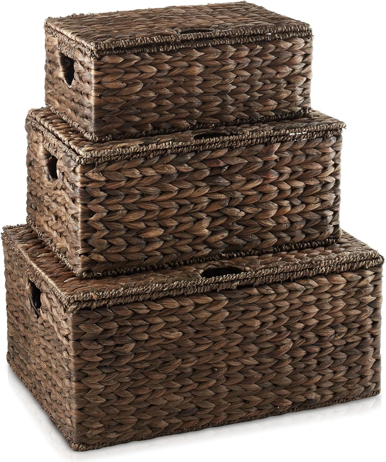 Casafield Set of 3 Water Hyacinth Rectangular Storage Baskets with Lids ...