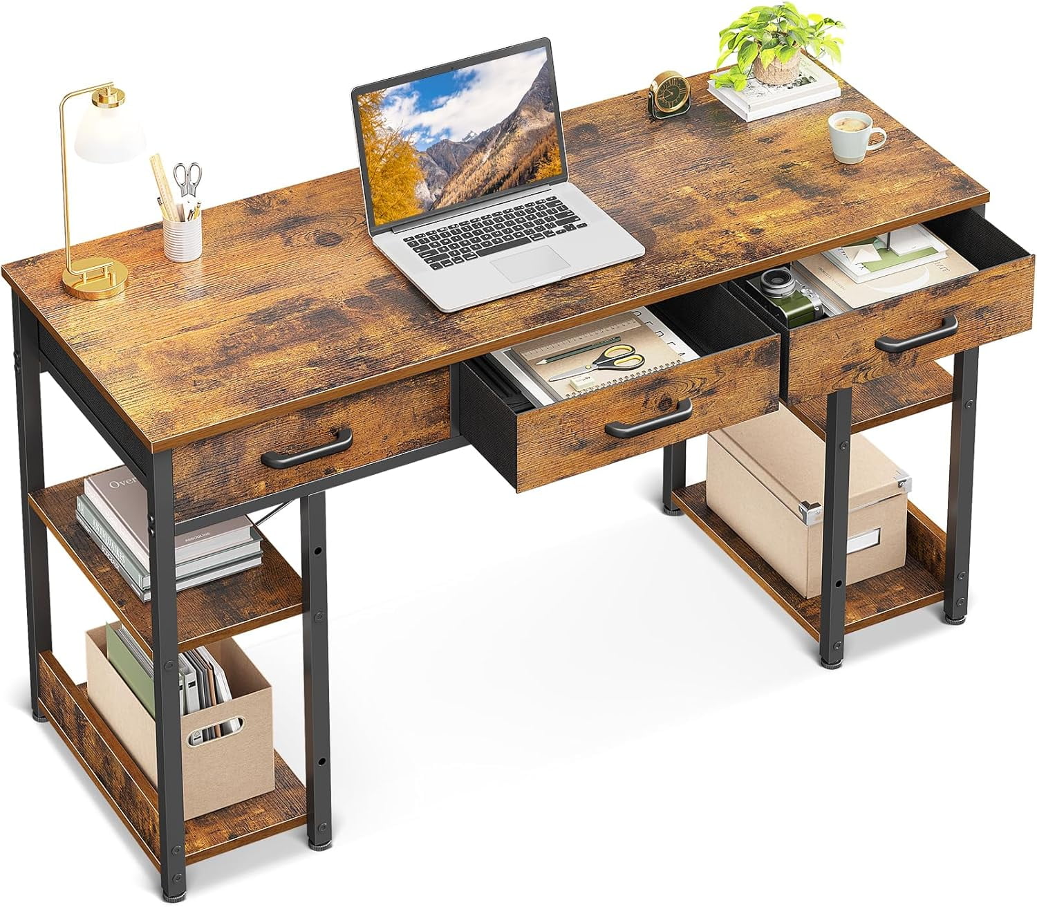 Casaottima 48 Inch Computer Desk with 3 Fabric Drawers and Storage ...